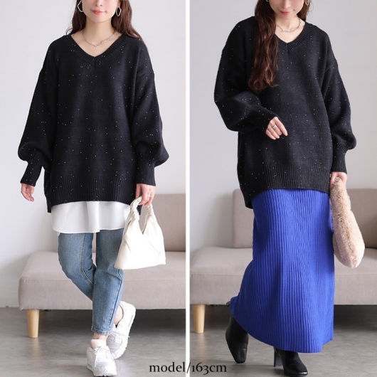 大きいサイズ レディース ボリューム袖パールニットチュニック maru